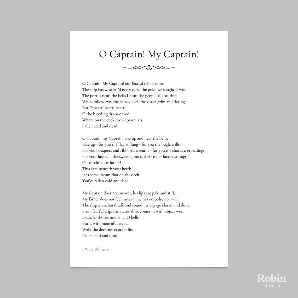 O Captain My Captain by Walt Whitman Poem Print Poetry | Etsy