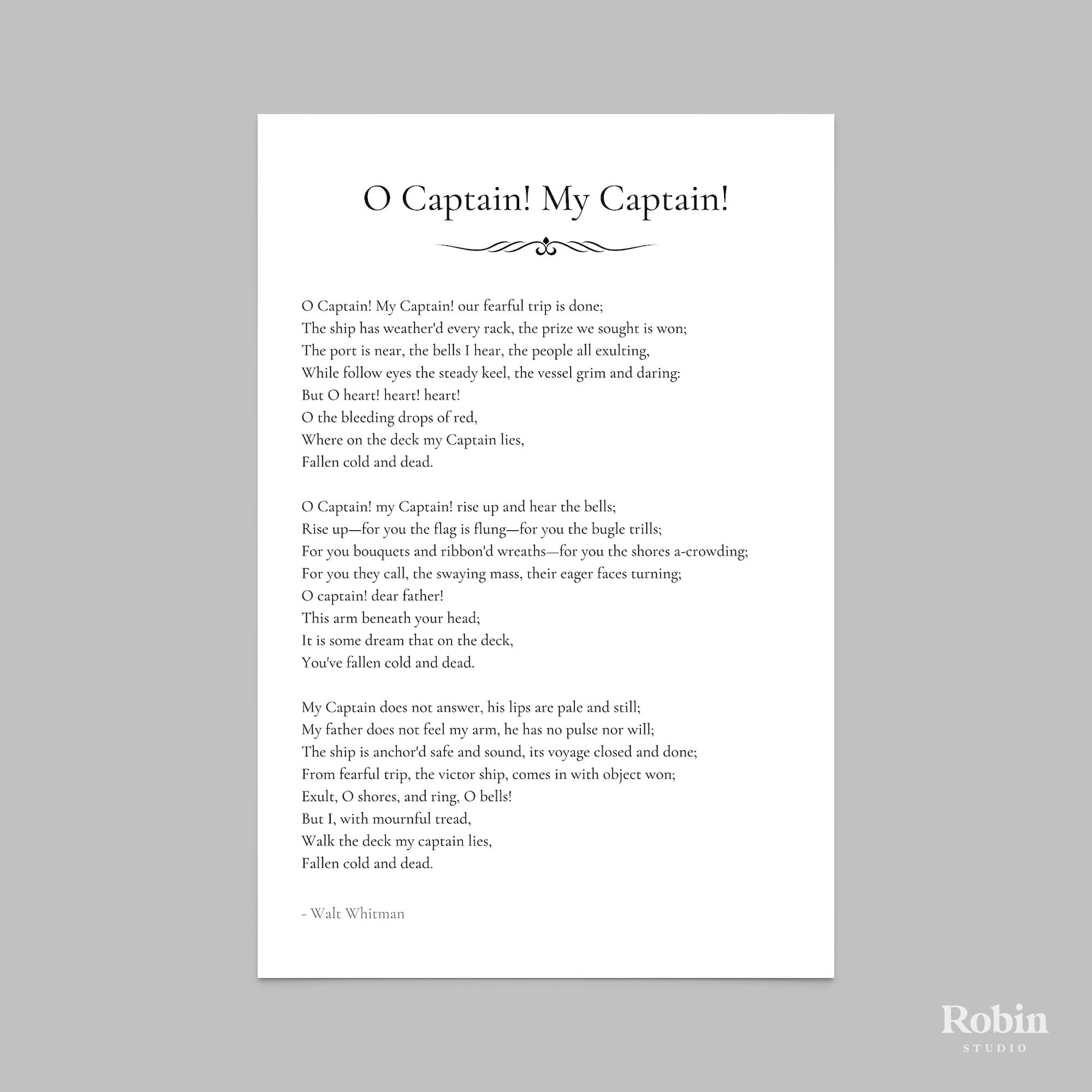 O Captain My Captain by Walt Whitman Poem Print Poetry | Etsy