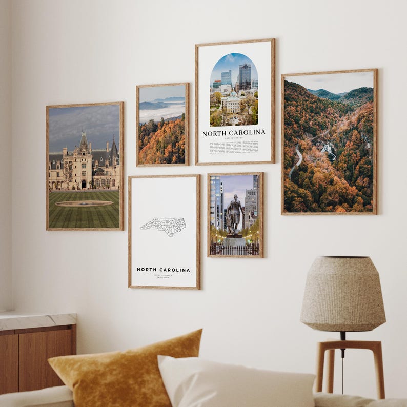 North Carolina Wall Art Set of 6, Nature Travel Prints, State Map and ...