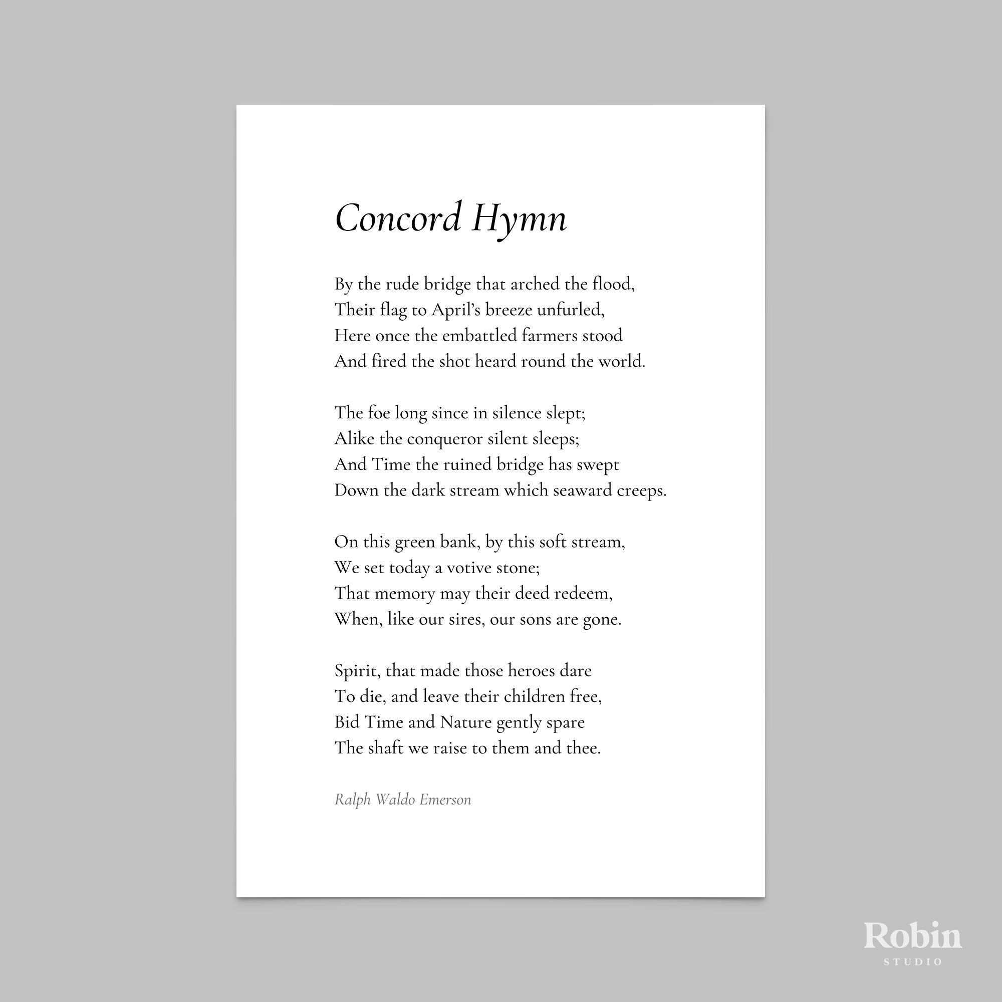 Concord Hymn by Ralph Waldo Emerson Print Poetry Print Gift - Etsy