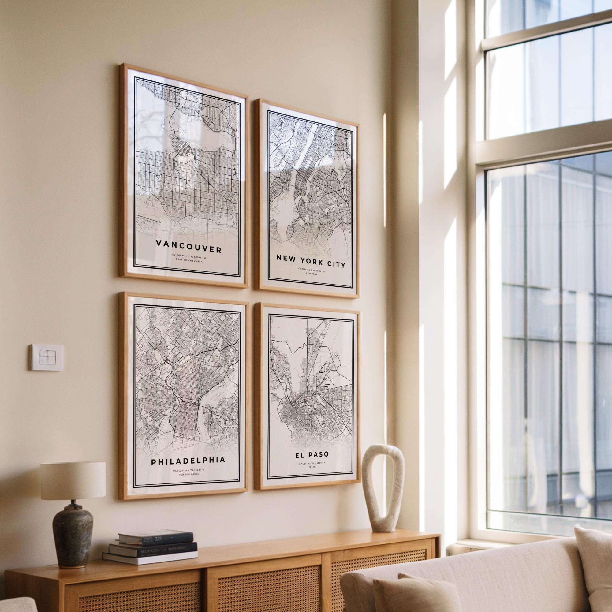Set of 4 ANY CITY Map Posters, Personalized Map Prints, Custom ...