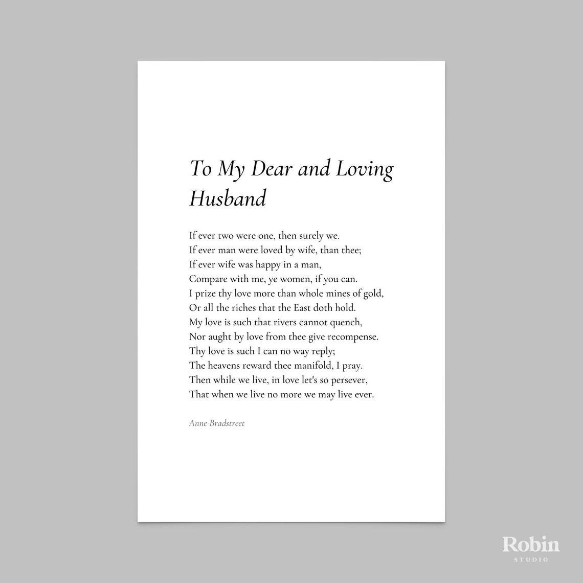 To My Dear by Anne Bradstreet Poem Print - Poetry Print Gift, Literaty ...