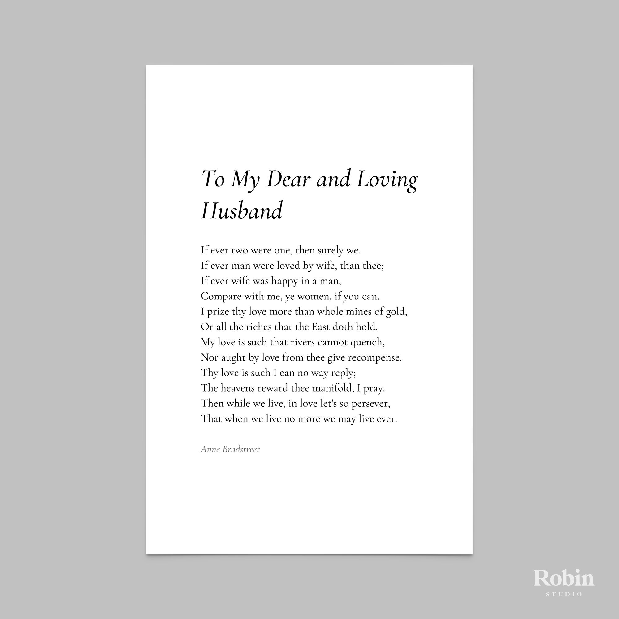 To My Dear by Anne Bradstreet Poem Print Poetry Print Gift | Etsy