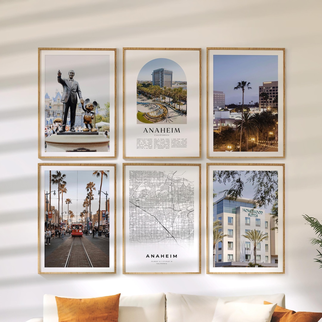 Anaheim Wall Art Set of 6, California Travel Prints, City Map and Photo ...