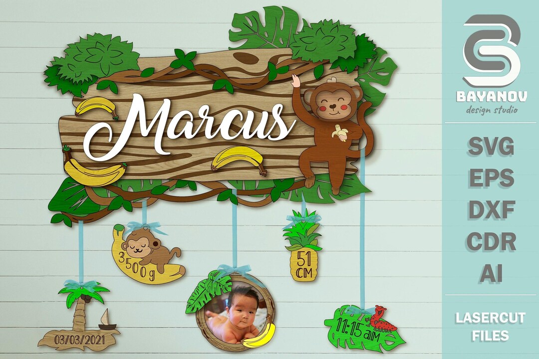 Baby Name Sign Monkey in the Jungle With Photo Frame. Laser Cutting ...