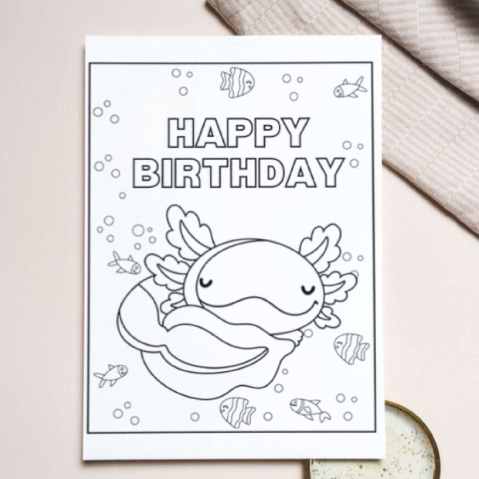 Printable Axolotl BIRTHDAY CARD With Envelope, Coloring DIY Birthday ...