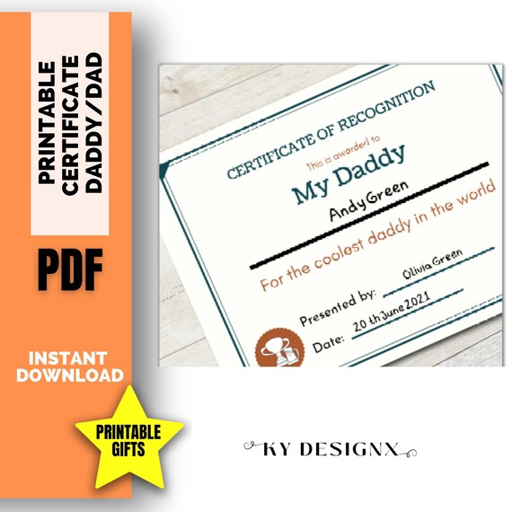 Dads Printable Certificate / Daddy Certificate / Coolest Daddy | Etsy