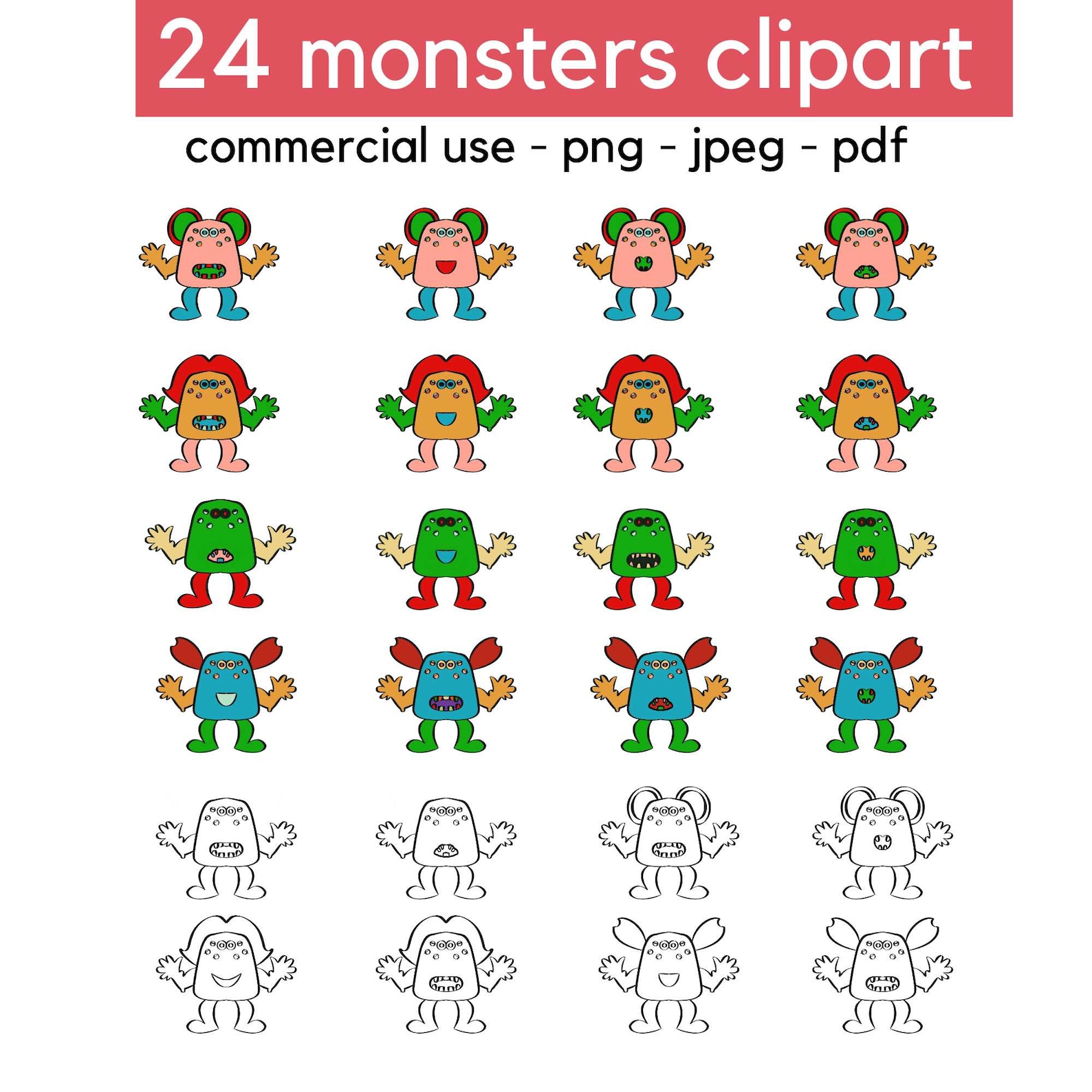 Monster Clipart Monster Digital Papers Alien Clipartmonster - Etsy