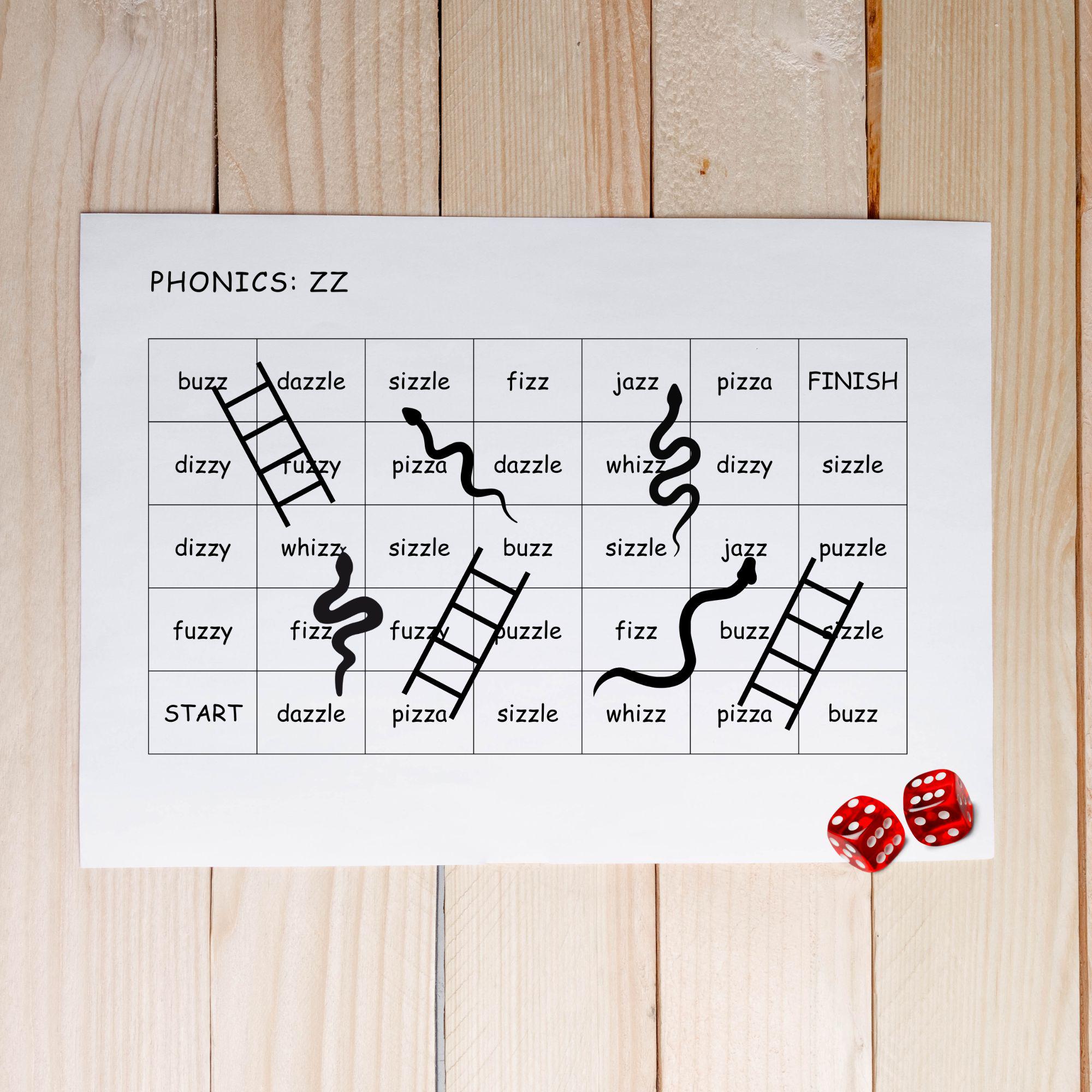 Printable Phonics Snakes and Ladders Game, Phonics ZZ, ESL Phonics ...