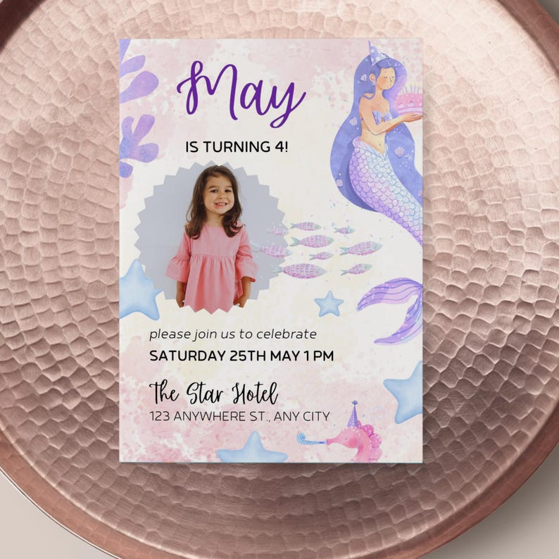 Mermaid -themed Birthday Invitation, Birthday Party Invite, Editable ...