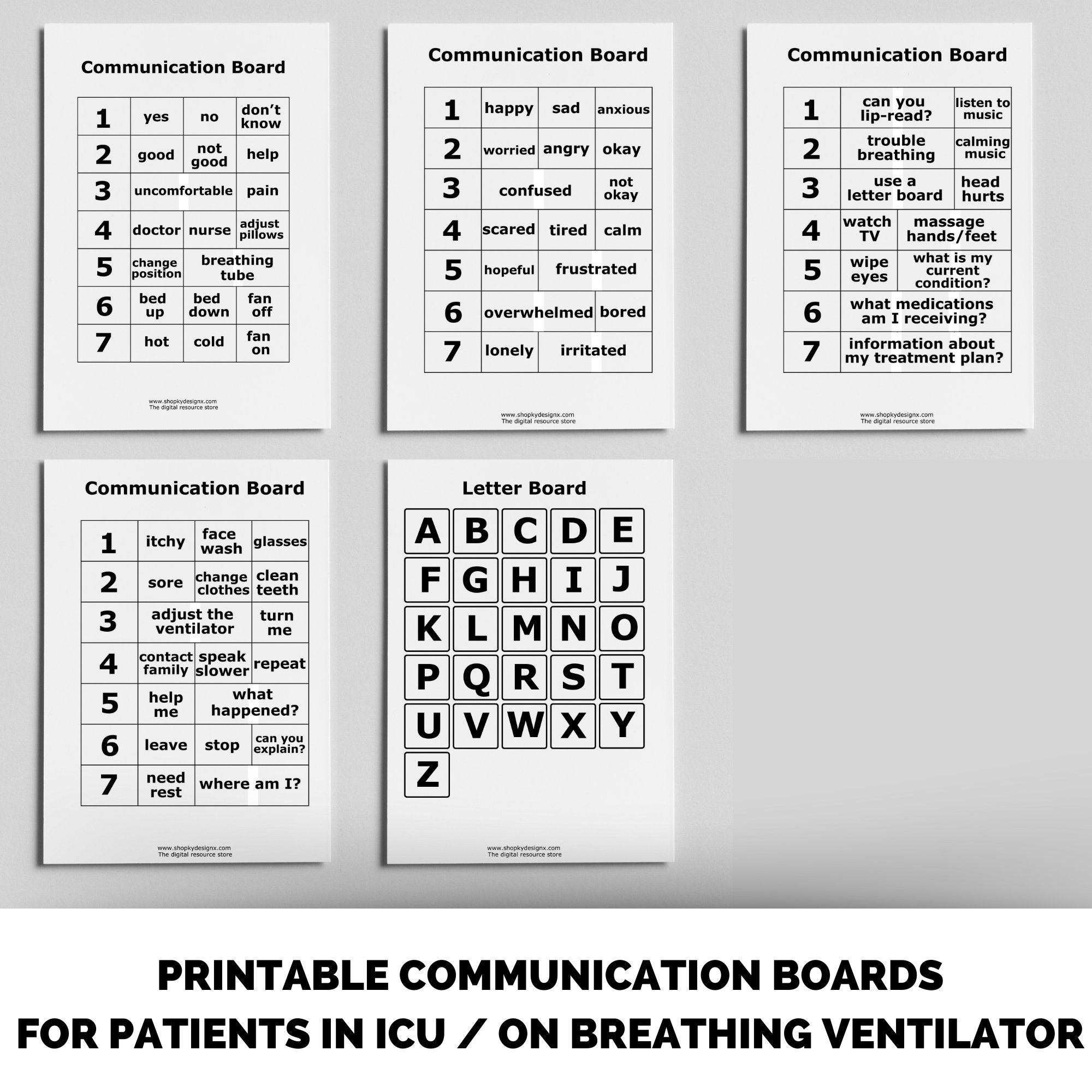 Printable ICU Patient Communication Boards for Ventilator Users - Instant Download - Easy to ...