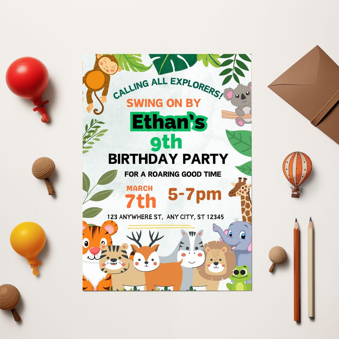 Kids Editable Jungle Birthday Party Invitation Canva -personalized ...