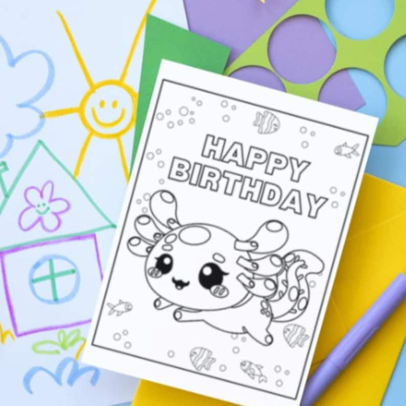 Color in Kids BIRTHDAY CARD, Printable, Fish DIY, Axolotl Birthday Card ...