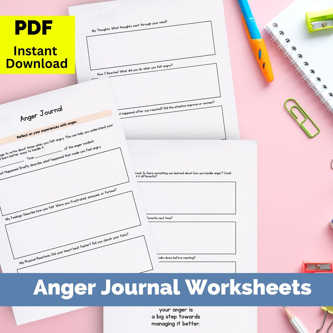 Printable Anger Management Journal, Anger Worksheets, Instant Download ...