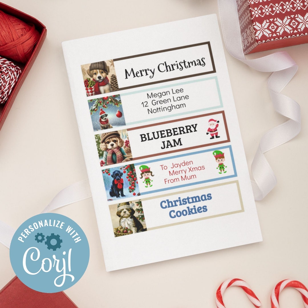 20 Editable Printable Cute Dog Christmas Labels– Colorful Dog Christmas ...