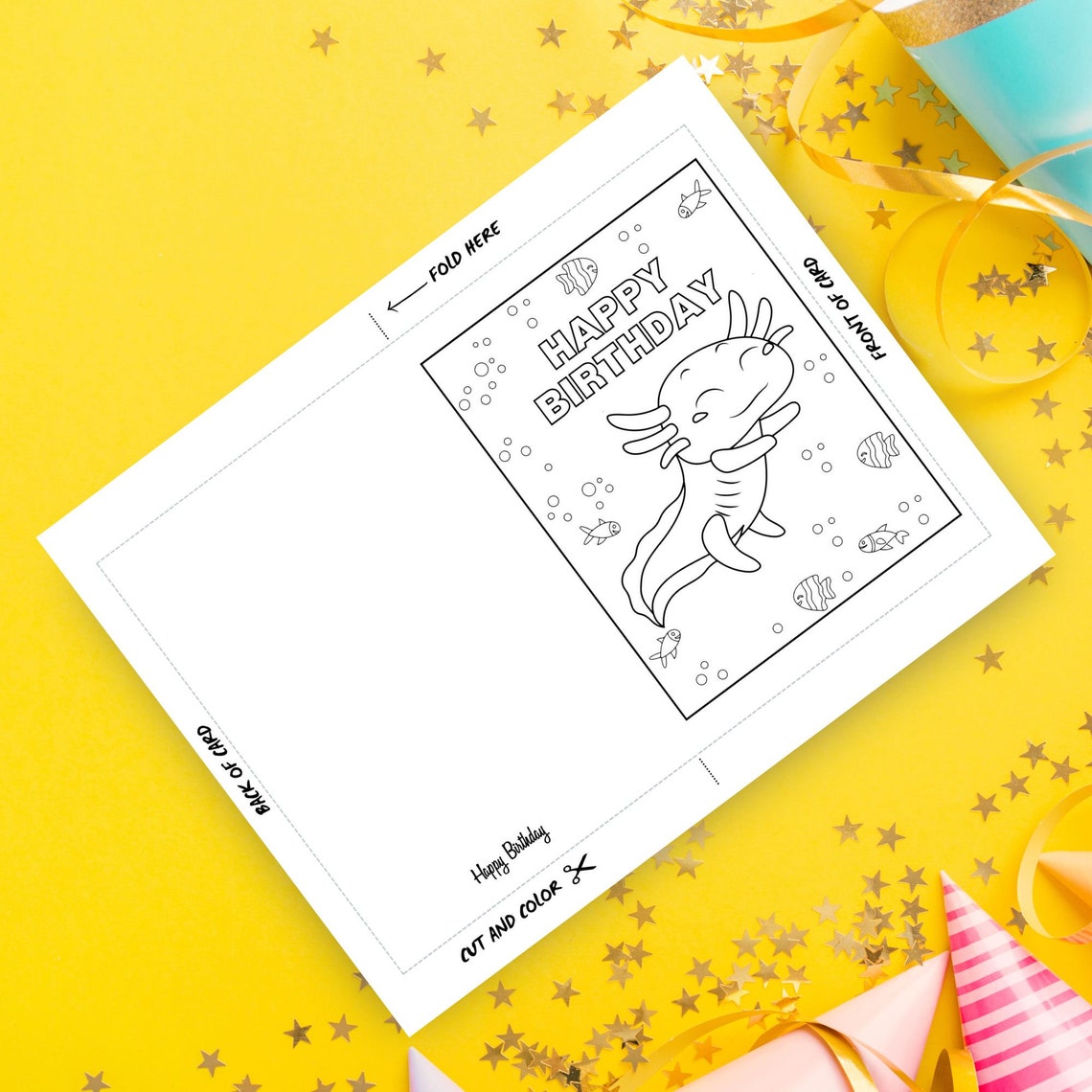Color Axolotl BIRTHDAY CARD, Printable Card, Printable Axolotl Coloring ...