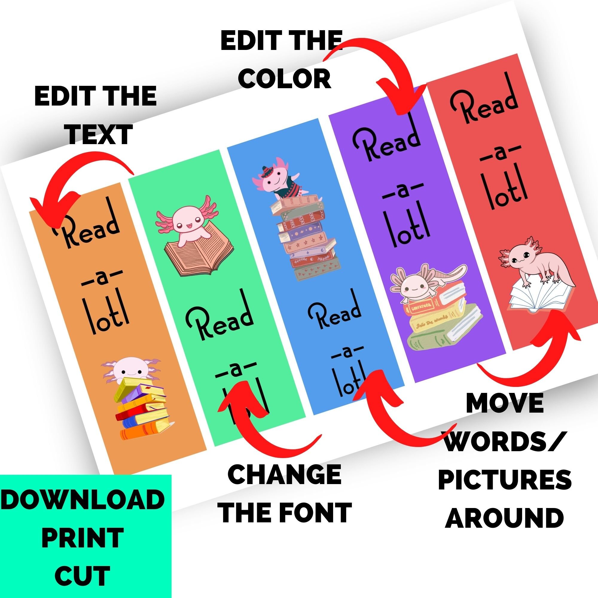 Editable Axolotl Printable Bookmarks KIDS Printable Bookmarks Kawaii 