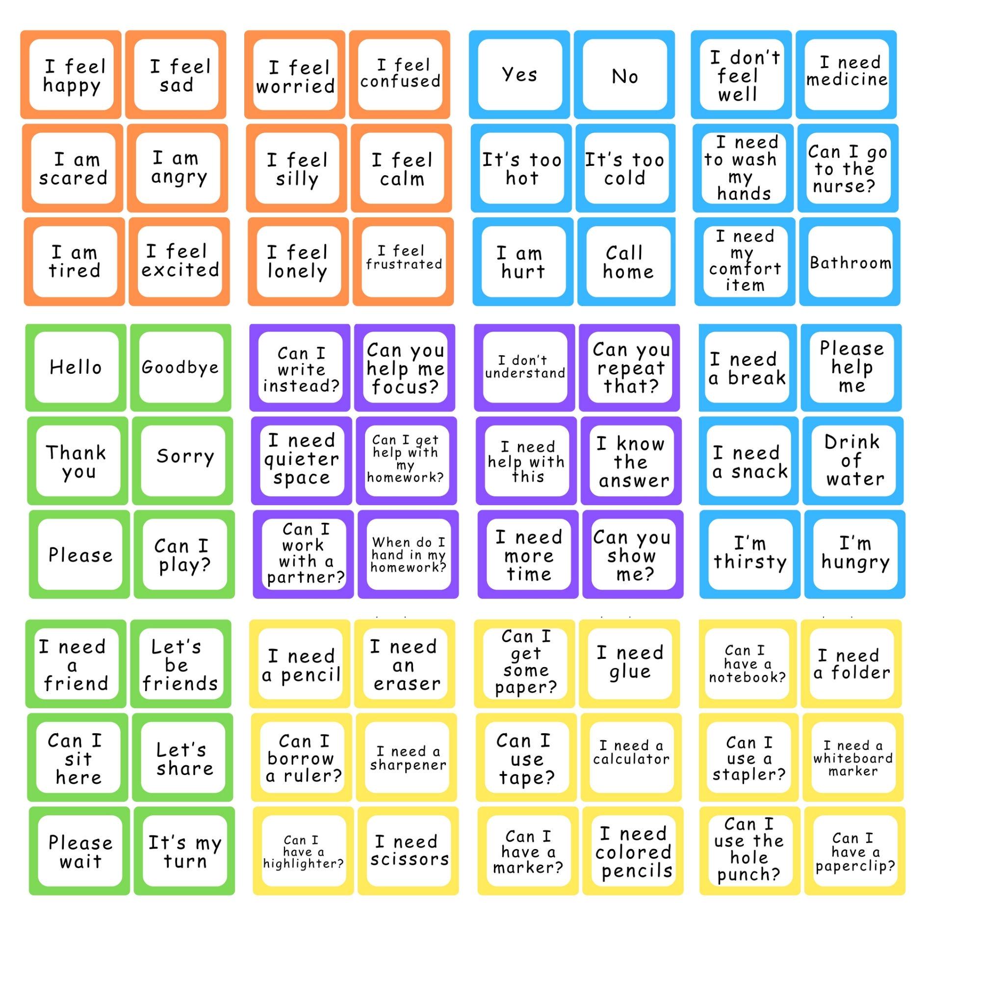 Printable Communication Cards for Kids / Teen, School Setting ...
