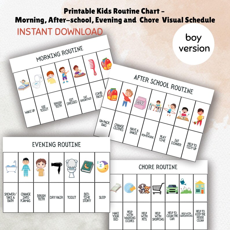 Printable Kids Routine Chart – Boy Version - Male Routine Chart, Autism ...