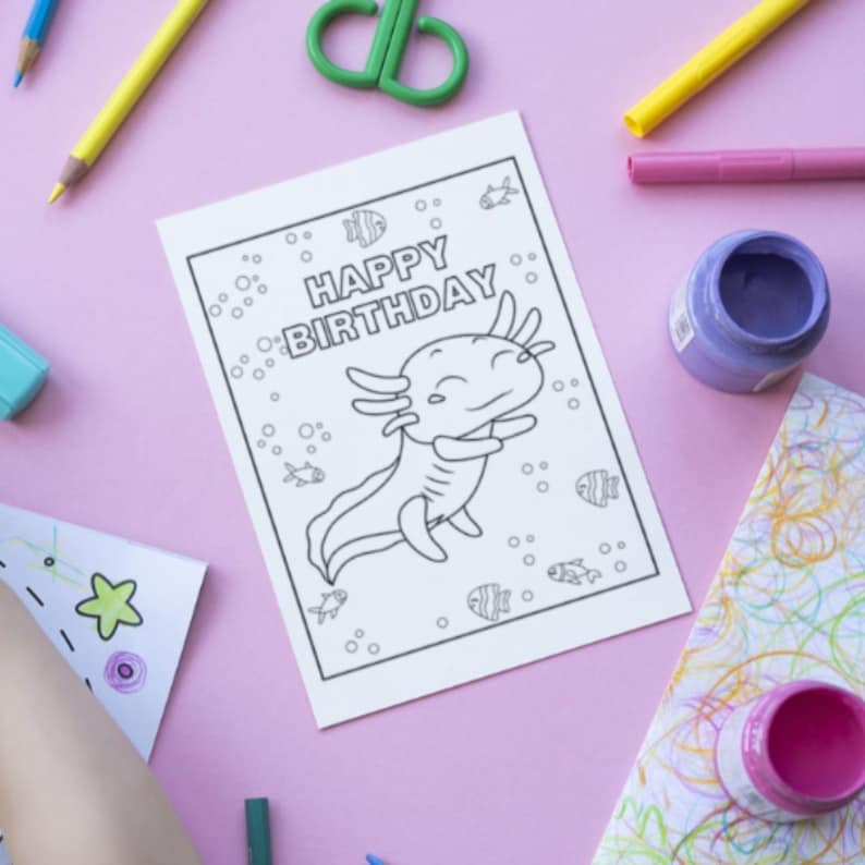 Color Axolotl BIRTHDAY CARD, Printable Card, Printable Axolotl Coloring ...