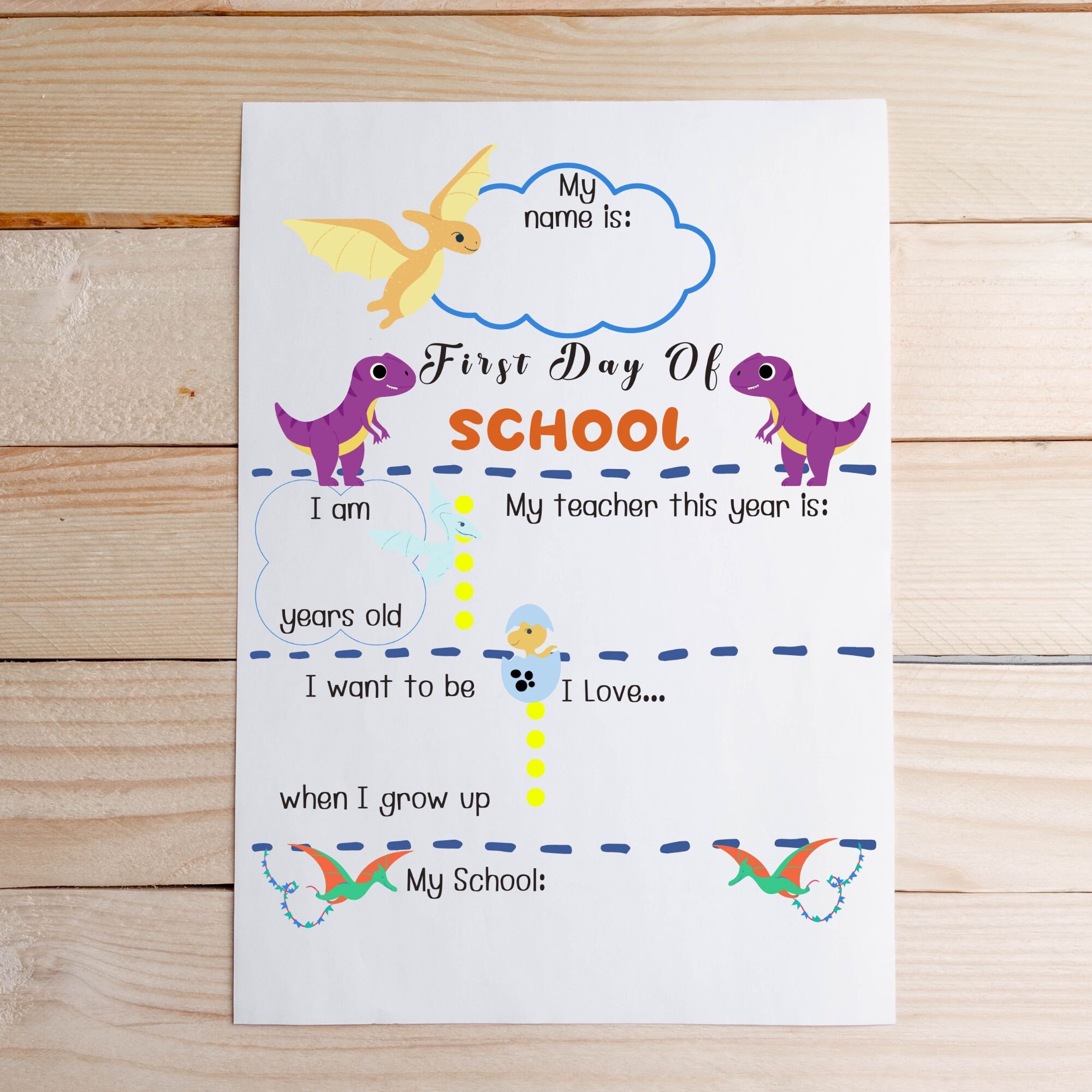 Printable Dinosaur First Day of School Worksheet , Keepsake, Poster ...