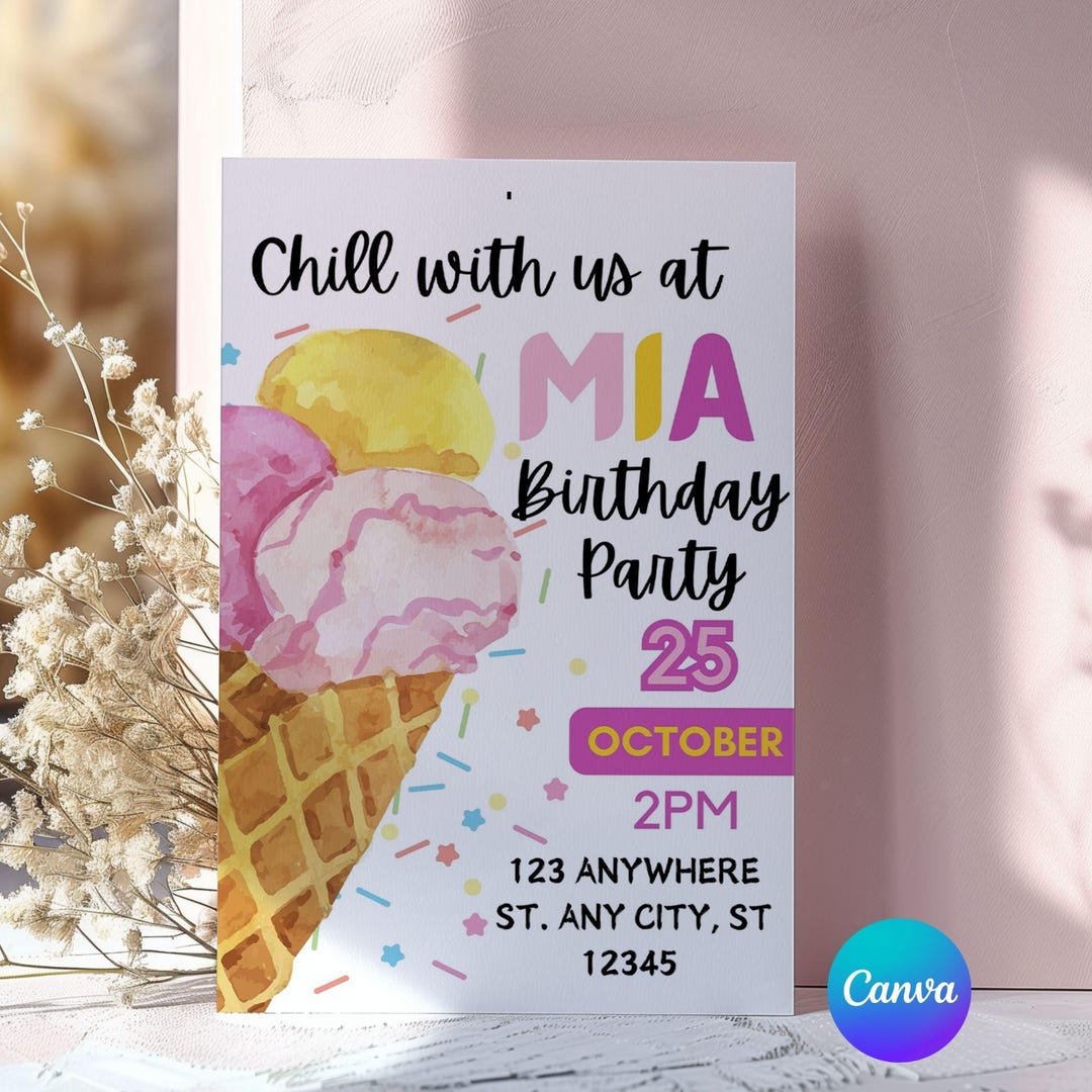 Customizable Ice Cream Birthday Invitation Template Canva -personalized ...