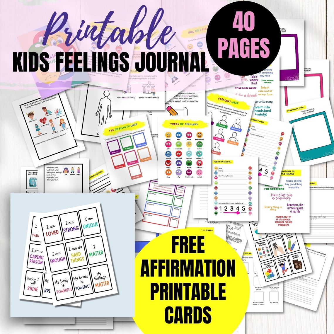 40 Pages Printable Feelings Journal for Children, Affirmation Cards ...