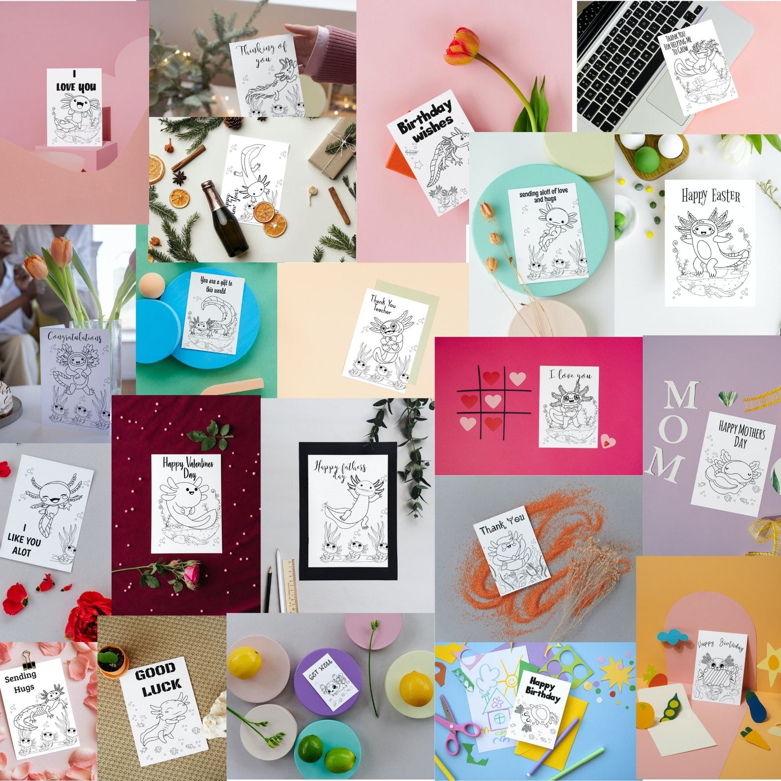 22 Printable and Editable Color in Axolotl Greeting Cards - Editable ...