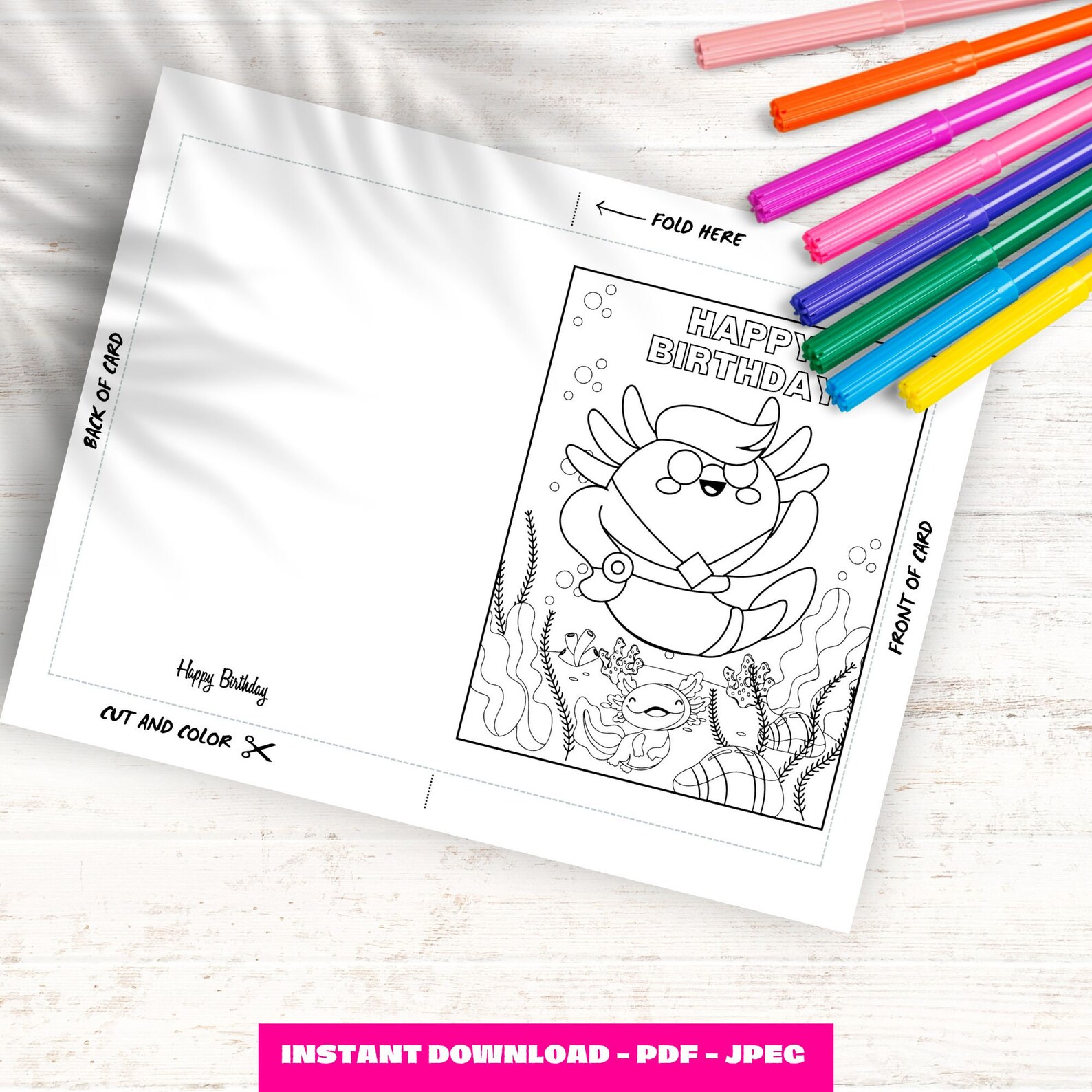 Printable Axolotl BIRTHDAY CARD, Coloring DIY Birthday Card, Instant ...