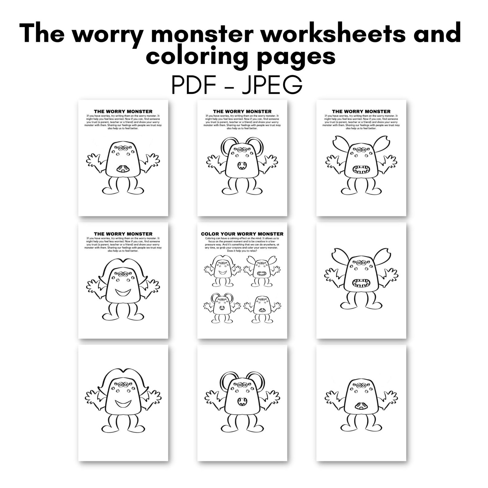 Printable Anxiety Worksheets for Kids - the Worry Monster - Anxiety for ...