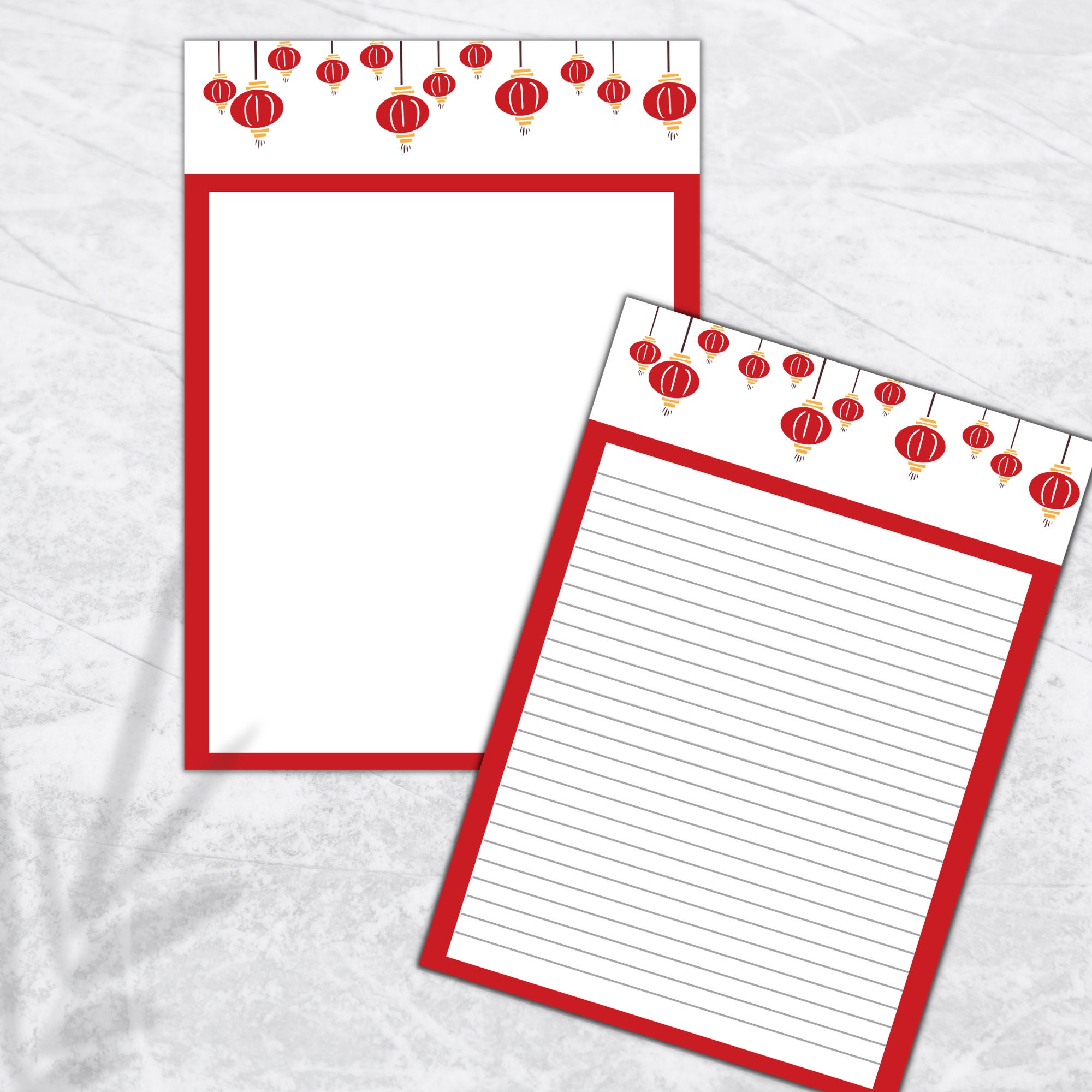 Printable Chinese Style Writing Paper. Lined, Letter Paper, Red Laterns ...