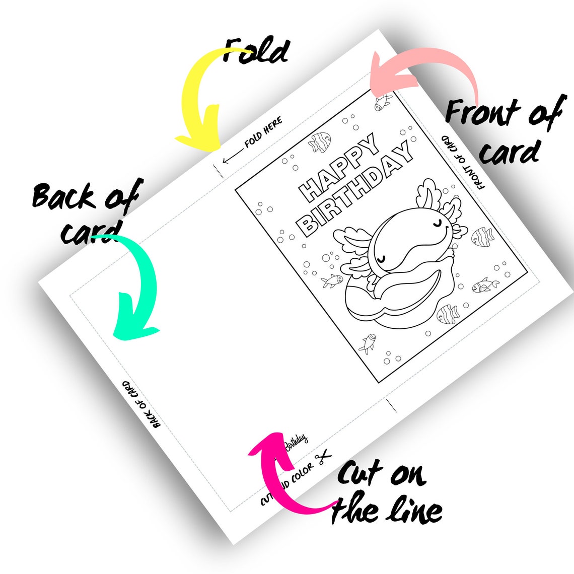Printable Axolotl BIRTHDAY CARD With Envelope, Coloring DIY Birthday ...