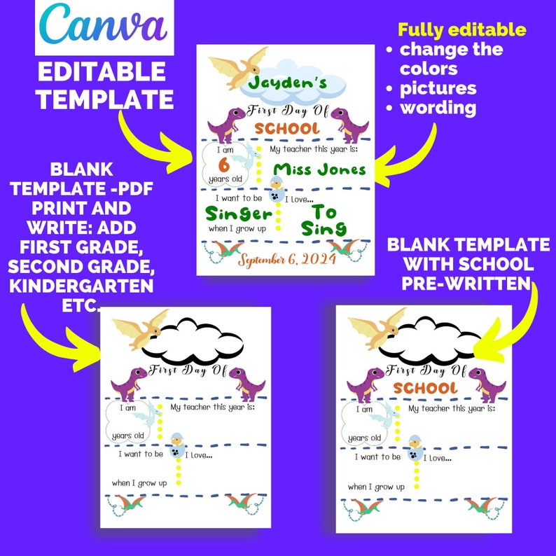 Editable Dinosaur Canva First Day of School, First Grade, Second Grade ...