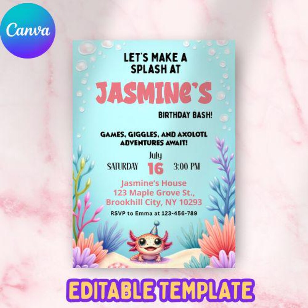 Axolotl Birthday Invitation – Editable Canva Template - Sea Party ...