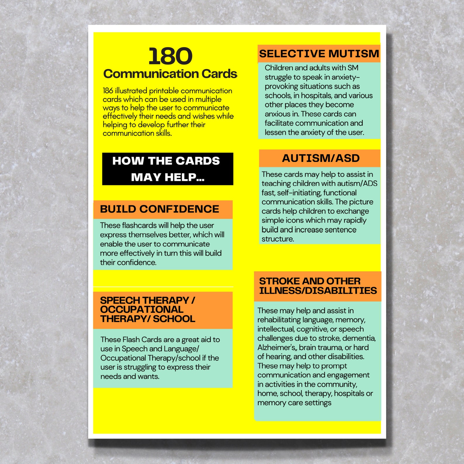 180 Printable Communication Cards for Non-verbal, Autism, Selective ...