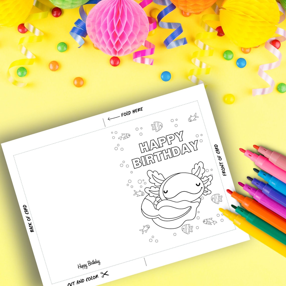 Printable Axolotl BIRTHDAY CARD, Coloring DIY Birthday Card, Instant ...