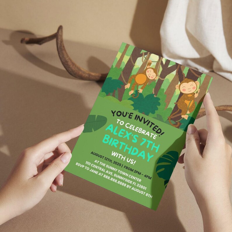 Cute Monkey Birthday Invitation, Monkey Birthday Party Invite, Editable ...