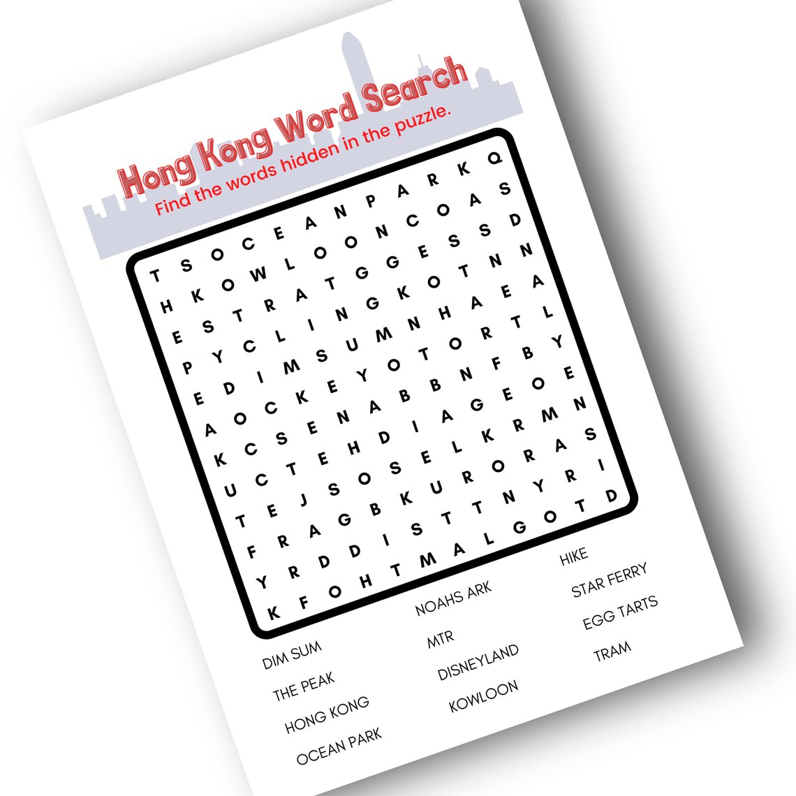 Printable Hong Kong Word Search Printable Word Search - Etsy