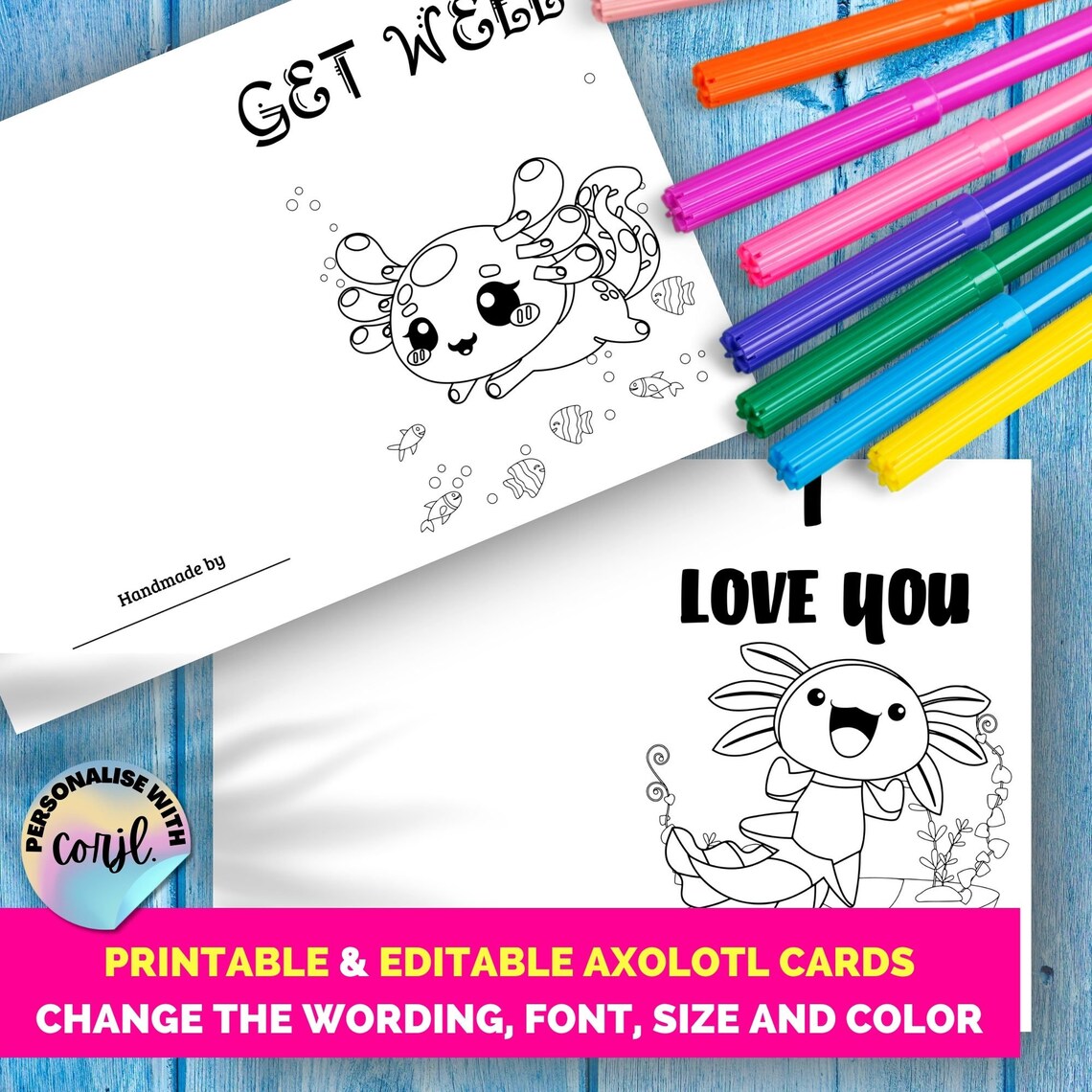 22 Printable and Editable Color in Axolotl Greeting Cards Editable ...