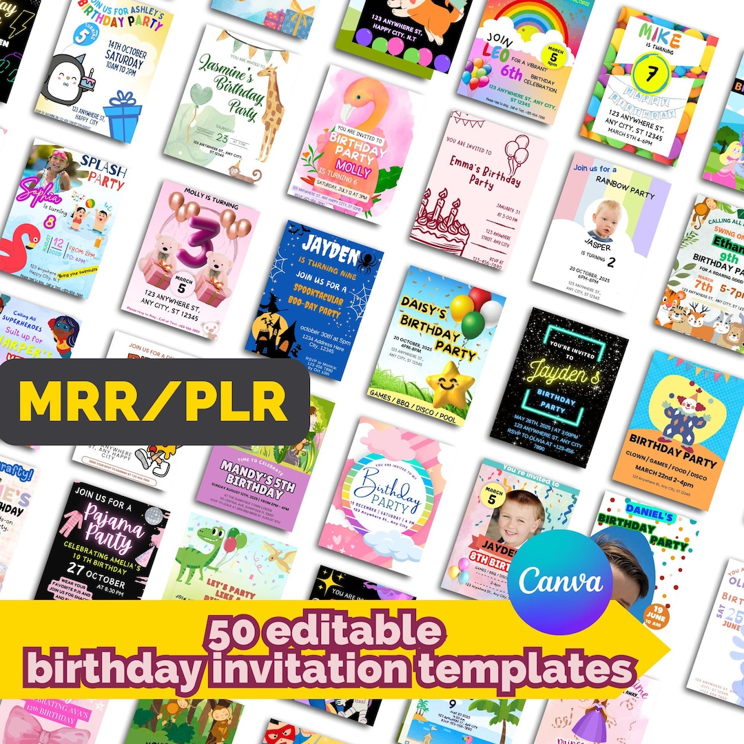 50 Editable Kids Birthday Invitations | Canva Templates With MRR & PLR ...
