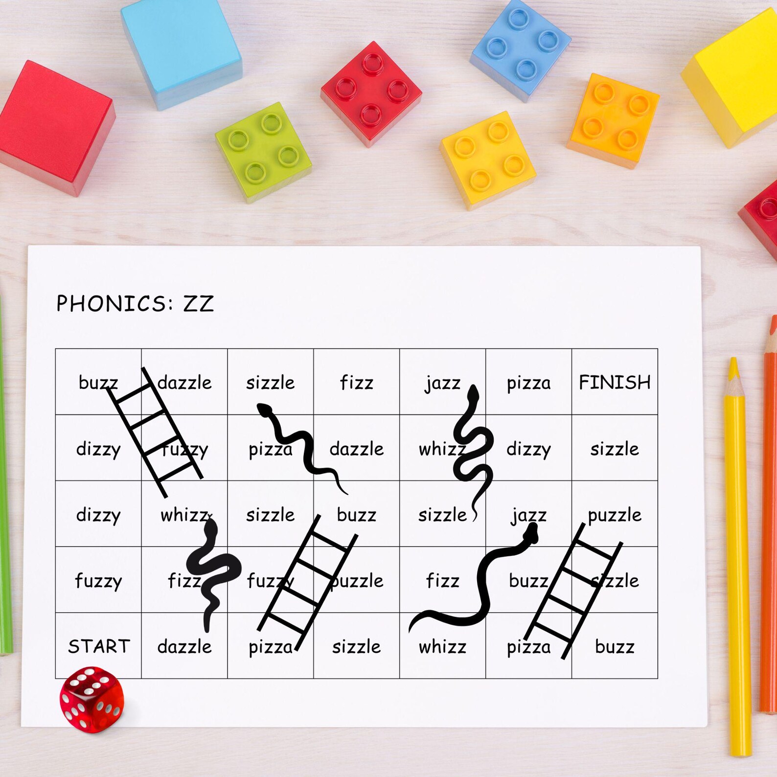 Printable Phonics Snakes and Ladders Game, Phonics ZZ, ESL Phonics ...