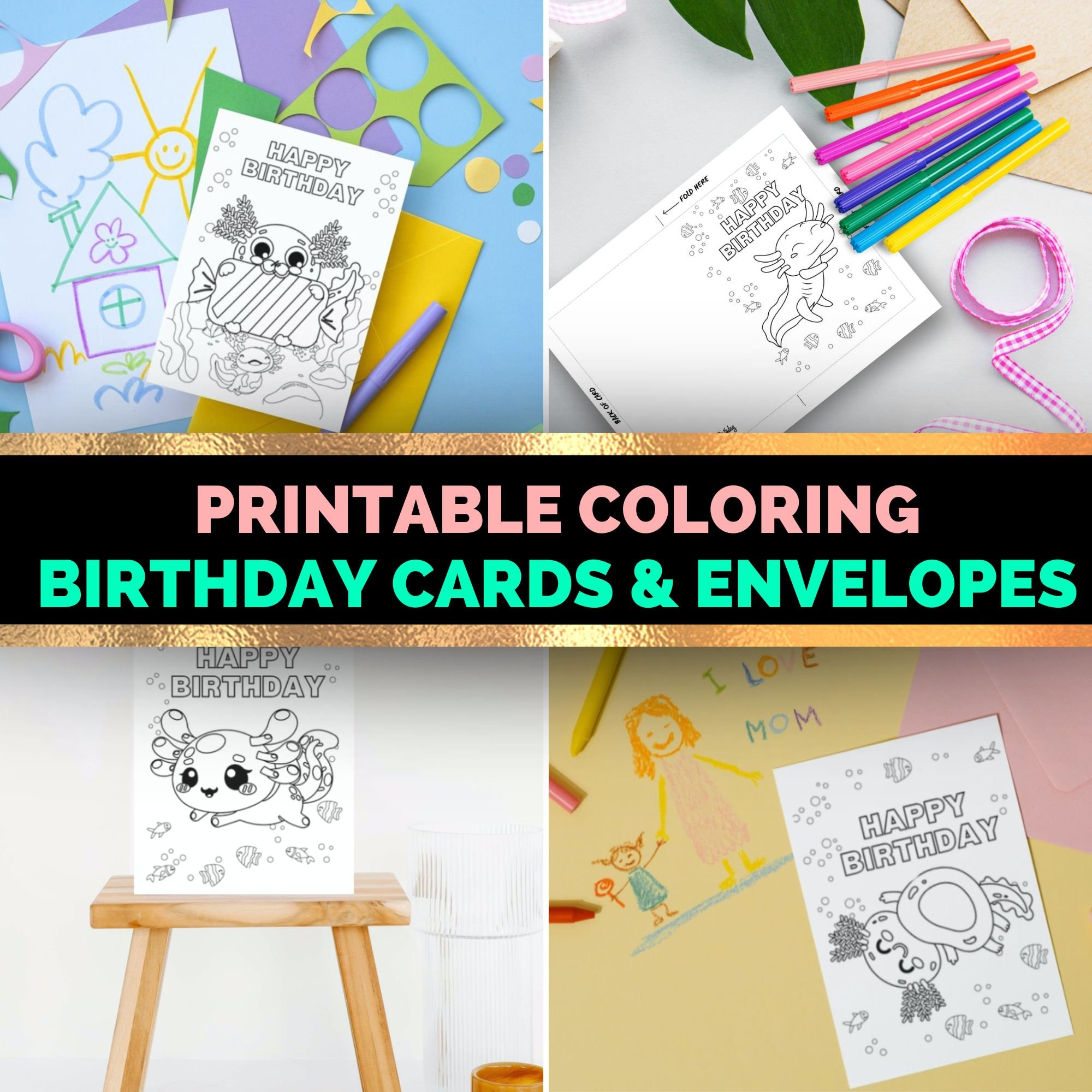 Printable Color in Kids BIRTHDAY CARDS, Set of 4 DIY Cards, Kids ...