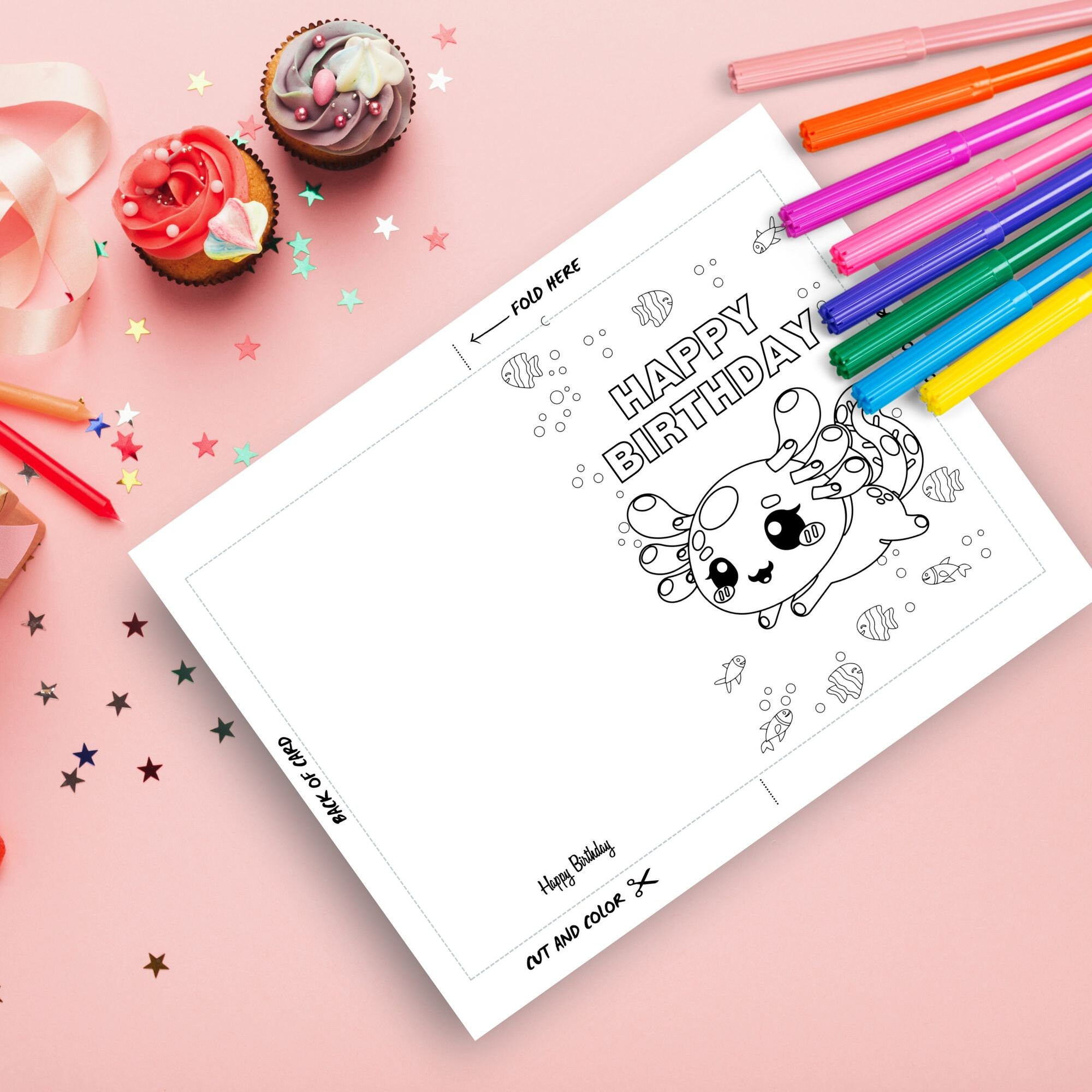 Cute Fish Color in BIRTHDAY CARD With Printable Envelope, Kids DIY ...