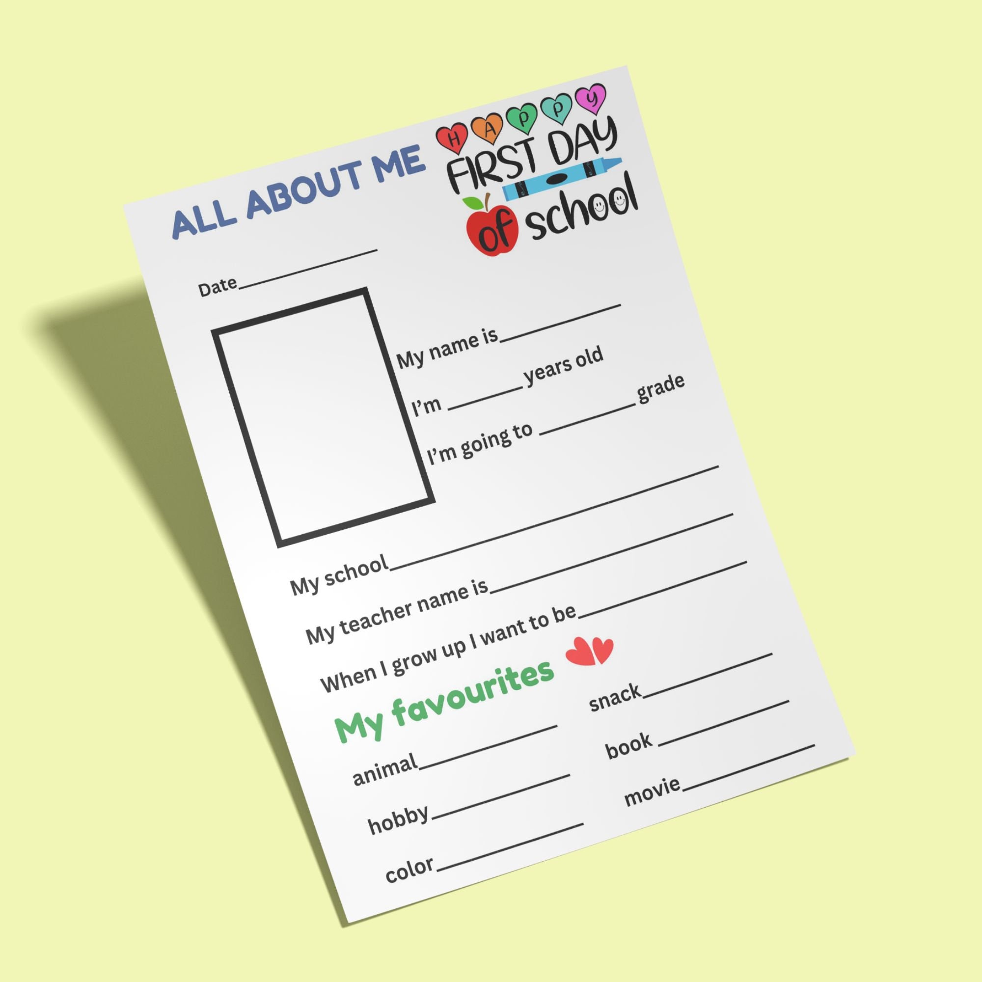Printable First Day of School Worksheet for Kids | About Me Interview ...