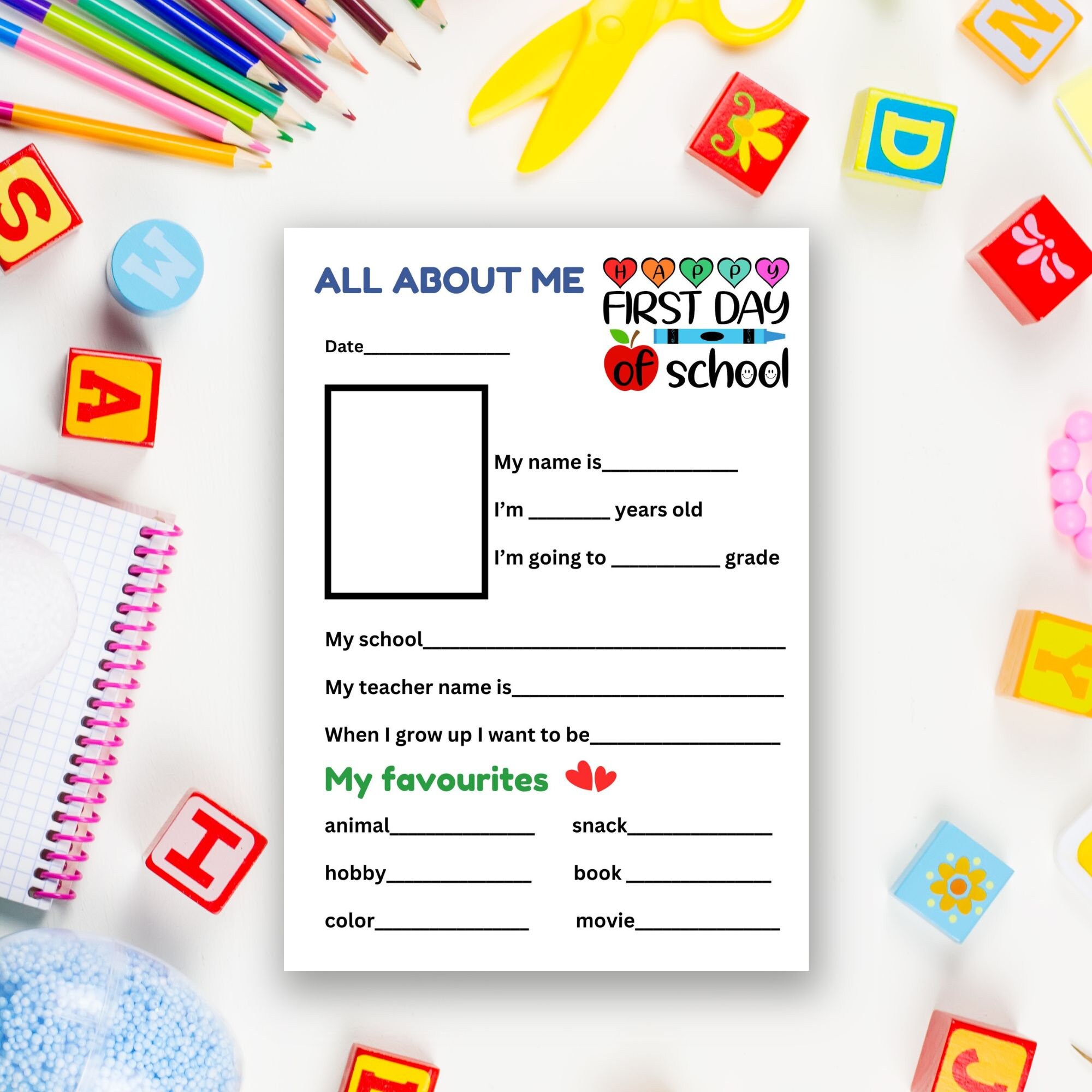 Printable First Day of School Worksheet for Kids | About Me Interview ...