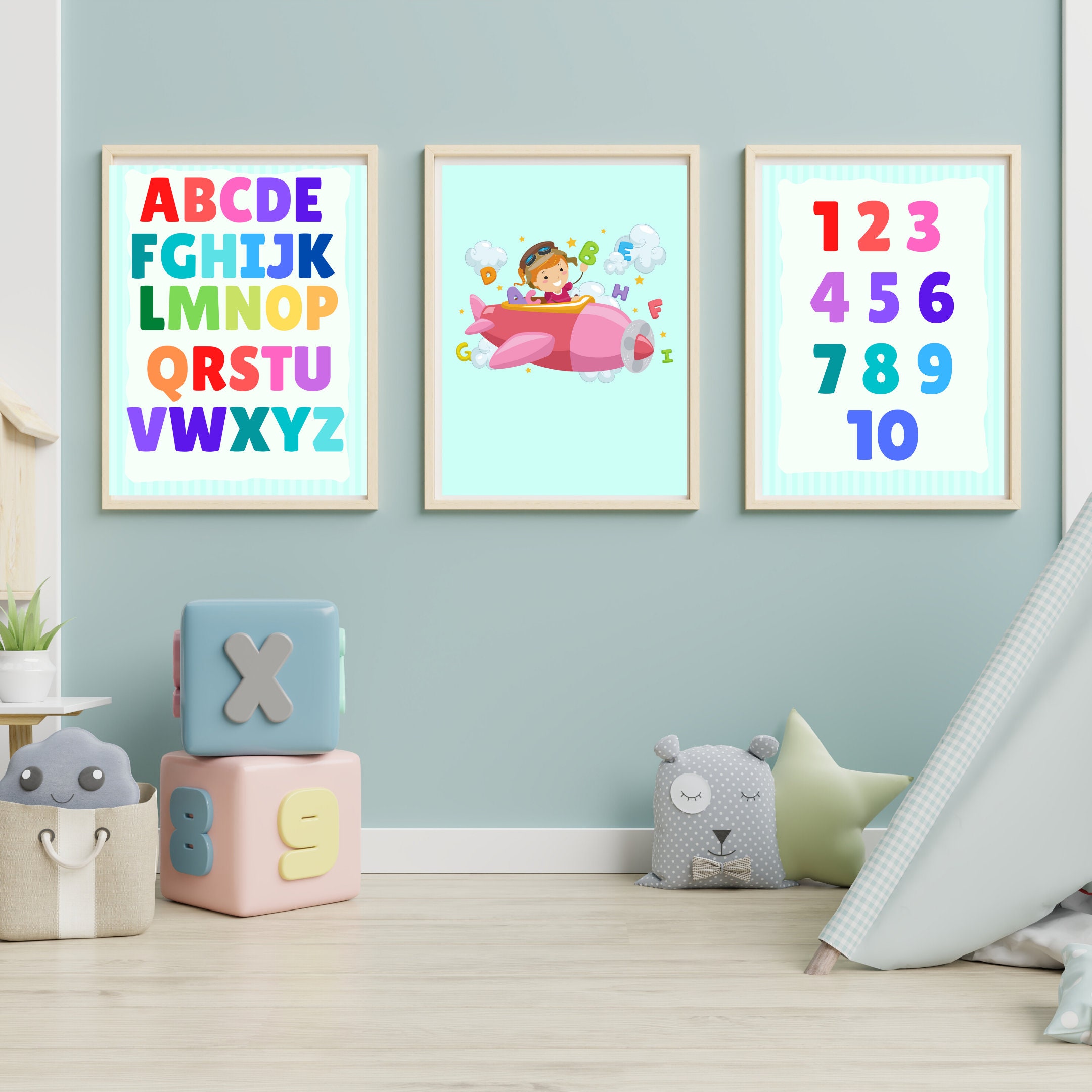 Printable Alphabet Nursery Wall Print, Kids Alphabet Numbers Wall Decor ...