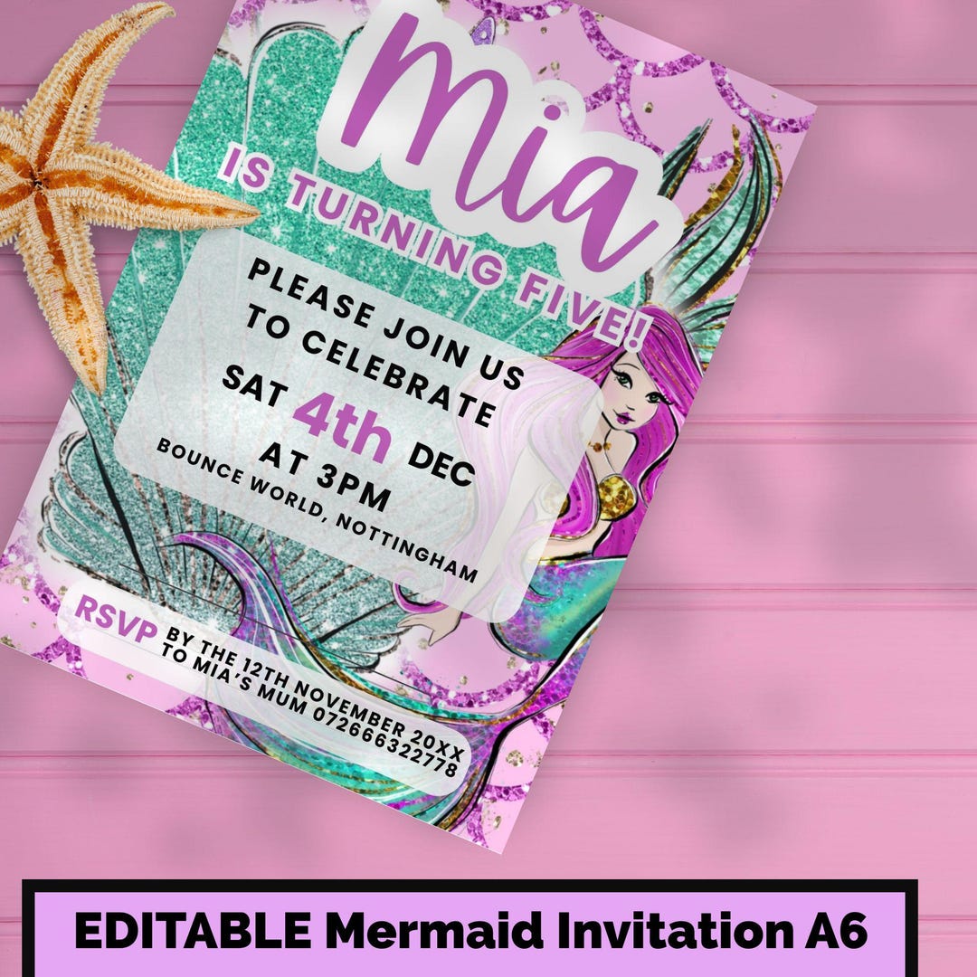Printable Mermaid Birthday Invitation Canva Templates - Editable ...