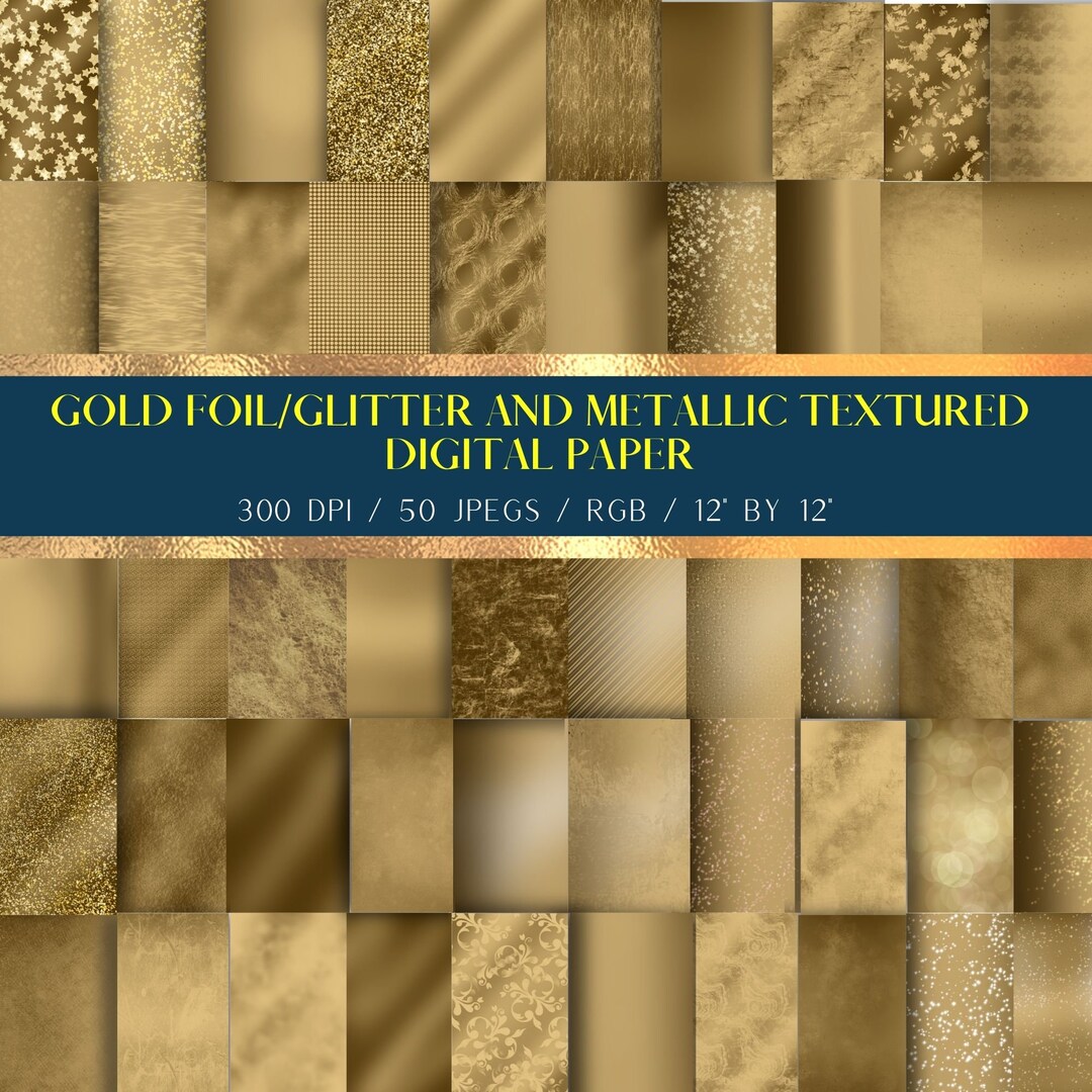 50 GOLD Glitter, Metallic, Foil Digital Paper - 12in X 12in ...