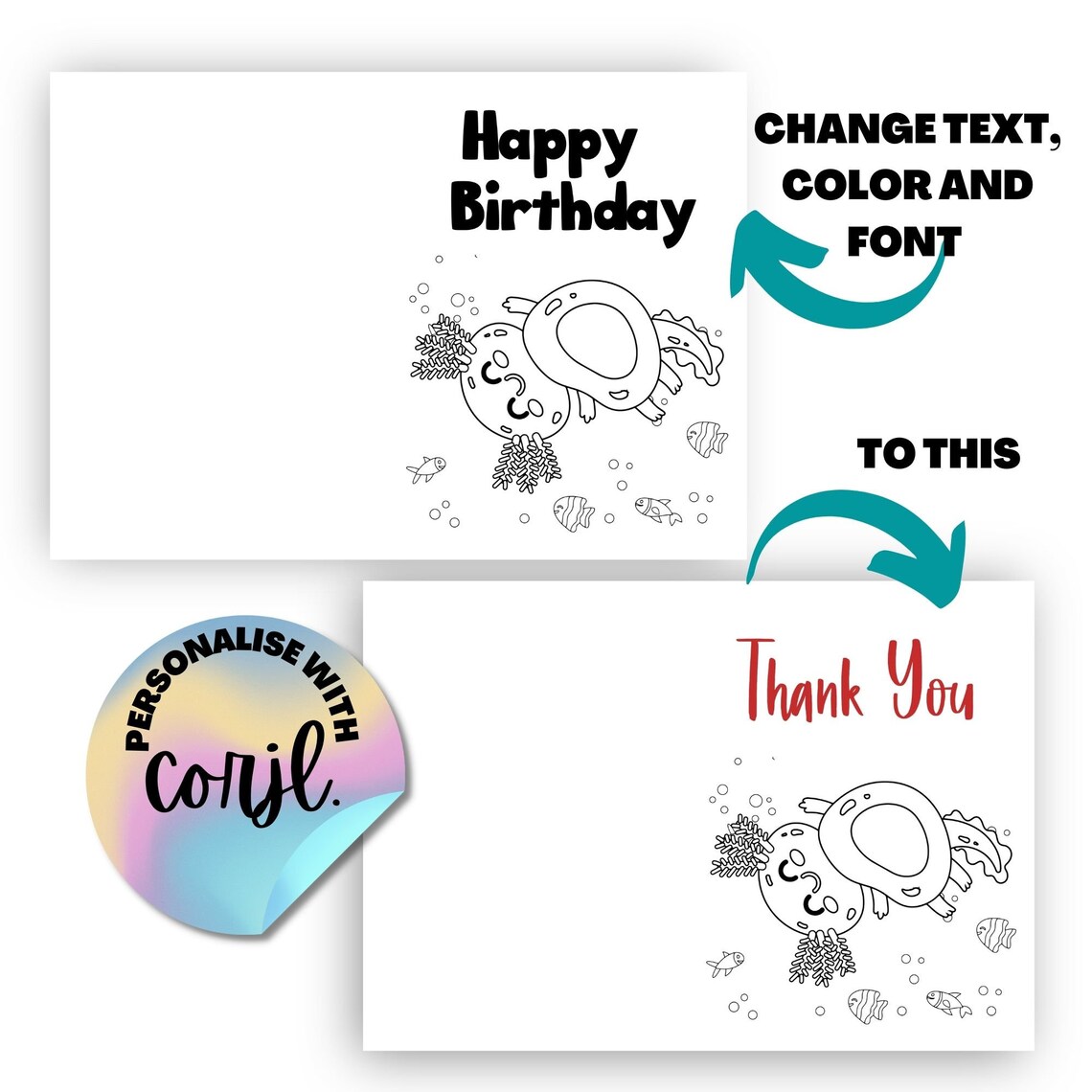 22 Printable and Editable Color in Axolotl Greeting Cards - Editable ...