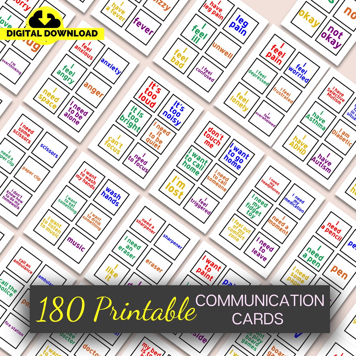 180 Printable Communication Cards for Non-verbal, Autism, Selective ...